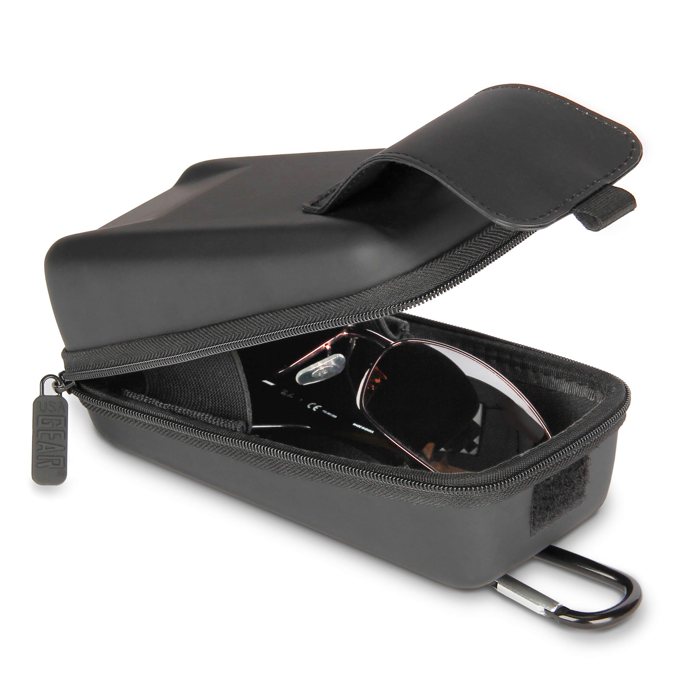 USA Gear Glasses Case Semi Hard Shell - Sunglasses Case/Safety Glasses Case Compatible with Sunglasses, Safety Glasses and More - Rugged Hard Glasses Case with Belt Loop and Carabiner - Black