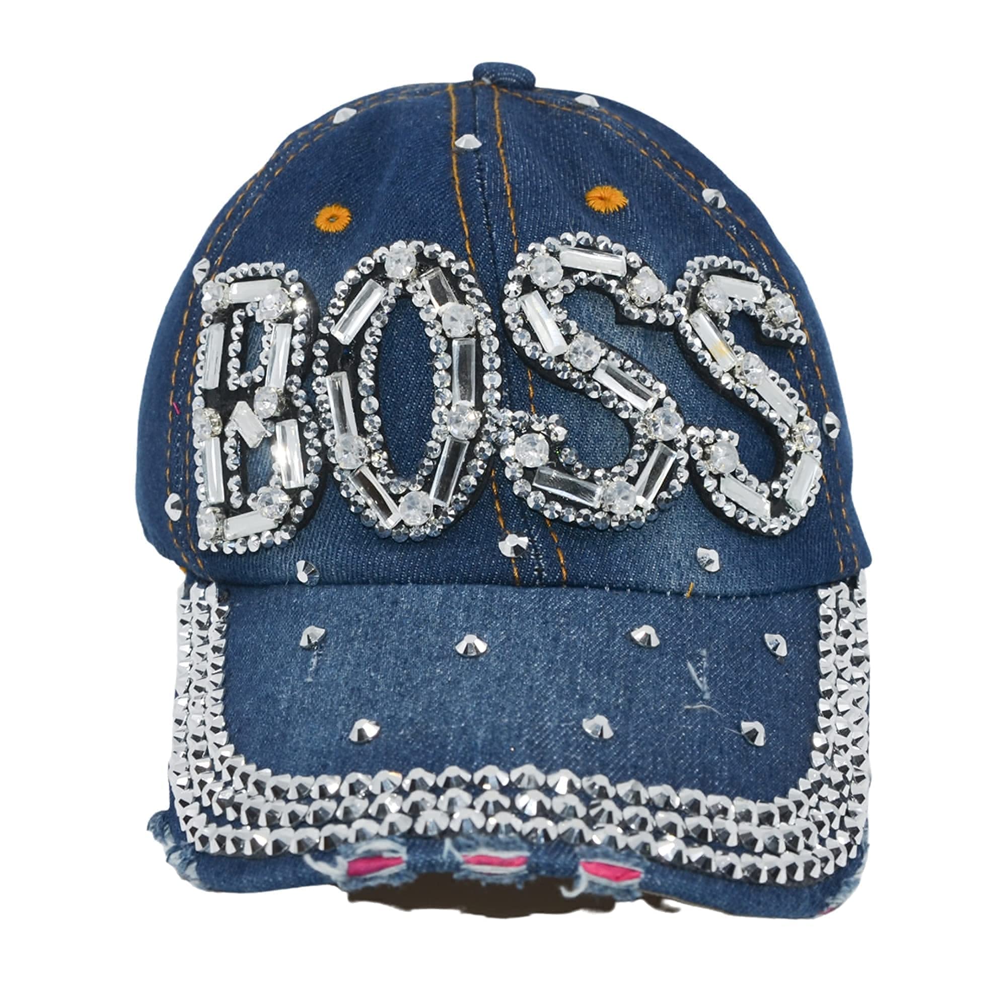 Popfizzy Bling Boss Hat for Women Rhinestone Hat, Bedazzled Baseball Caps, Distressed Hat, Fancy Bejeweled Hats, Sparkle Studded Denim Ball Caps (Boss)