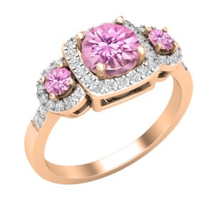 dazzlingrock collection round lab created pink sapphire & natural white diamond women 3 stone halo style engagement ring, 10k rose gold, size 7