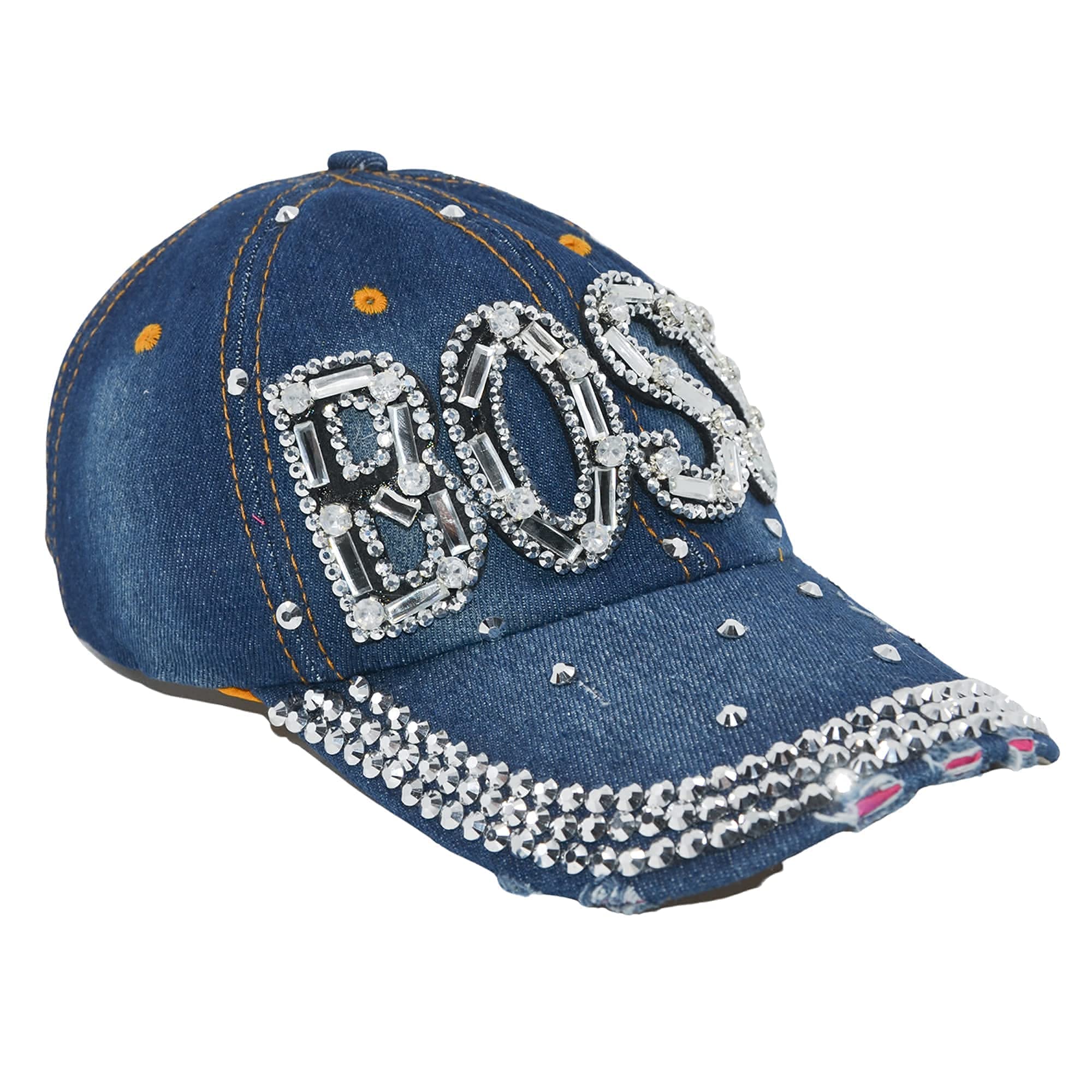 Popfizzy Bling Boss Hat for Women Rhinestone Hat, Bedazzled Baseball Caps, Distressed Hat, Fancy Bejeweled Hats, Sparkle Studded Denim Ball Caps (Boss)