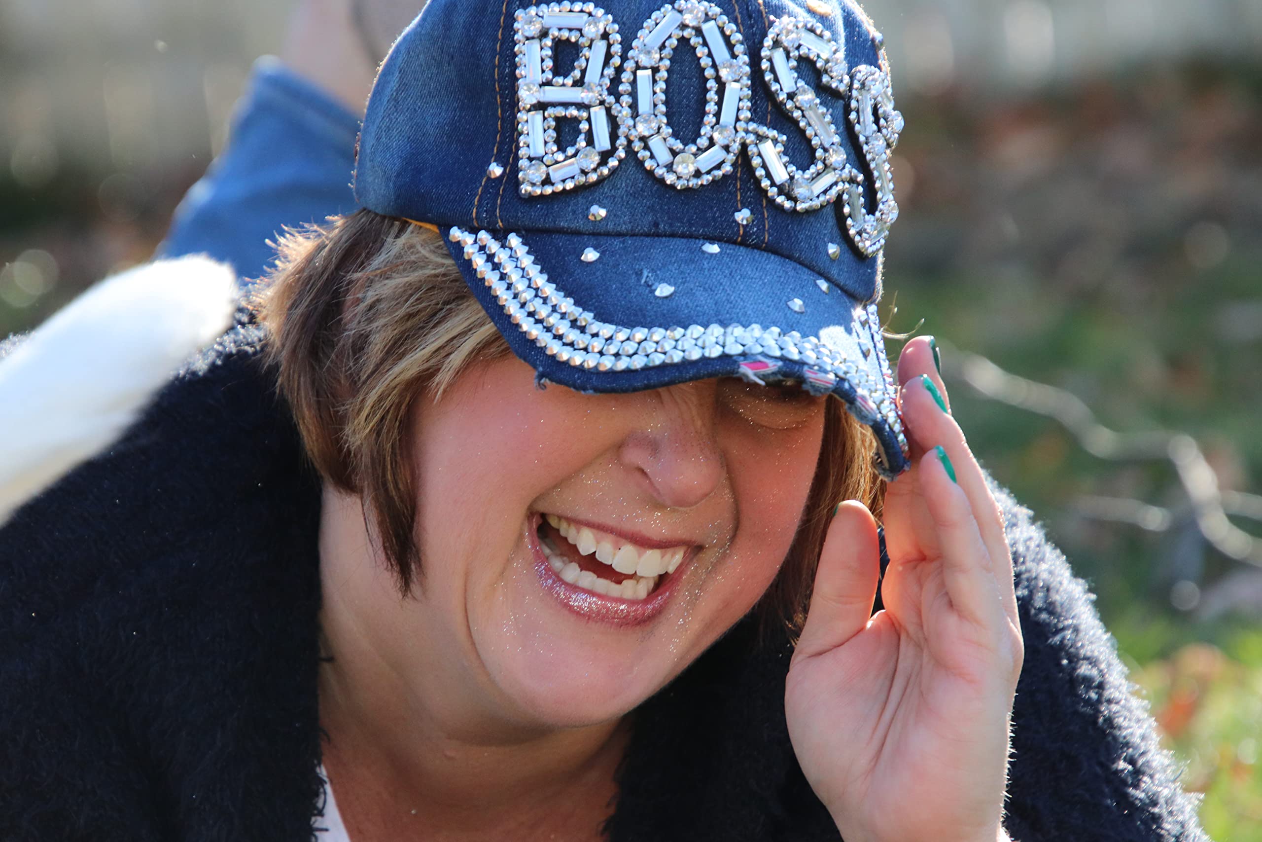 Popfizzy Bling Boss Hat for Women Rhinestone Hat, Bedazzled Baseball Caps, Distressed Hat, Fancy Bejeweled Hats, Sparkle Studded Denim Ball Caps (Boss)