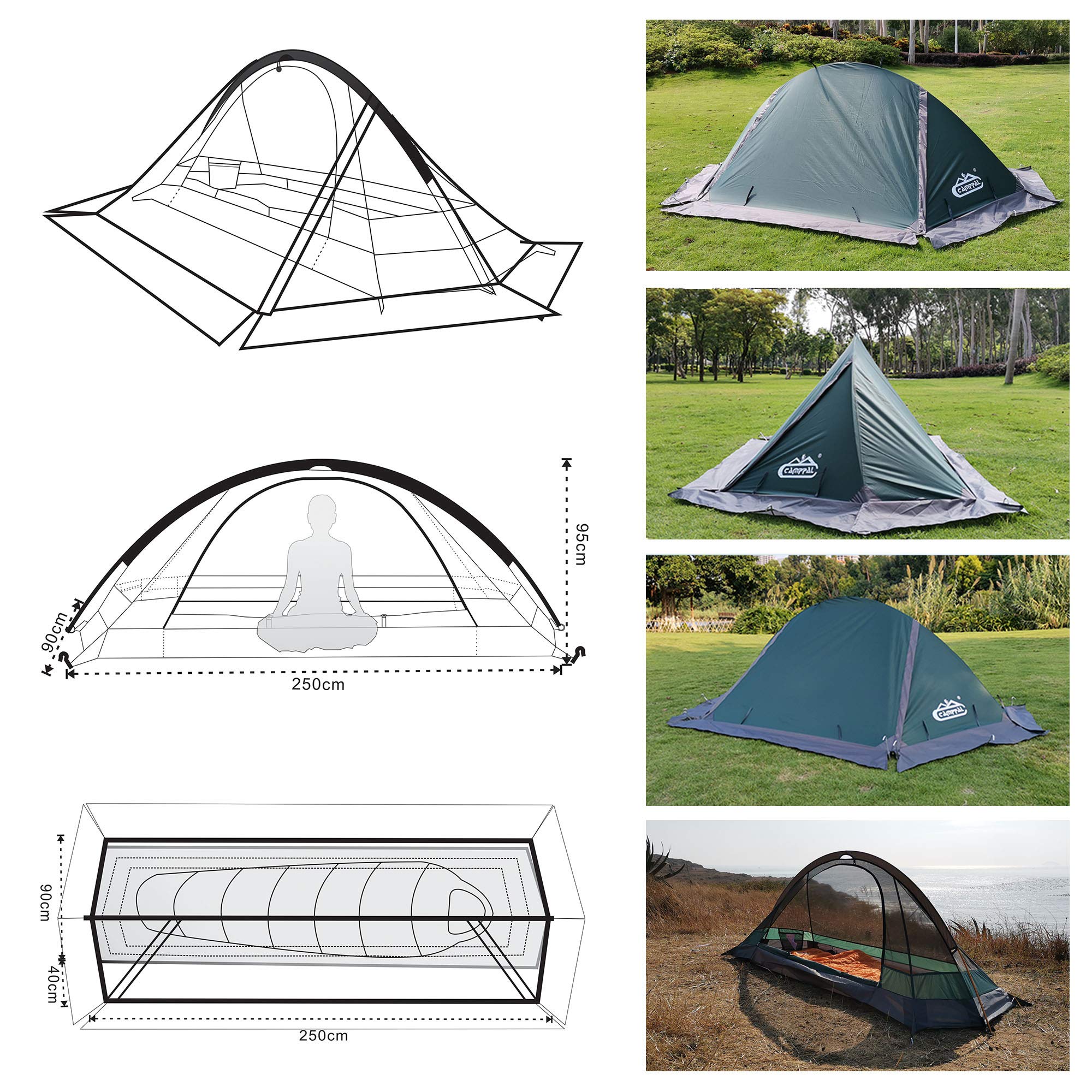 camppal 1 Person Tent Backpacking Camping Hiking Mountain Hunting Tent Lightweight and Waterproof for 4 Season Extreme Space Saving Single Bracket (Green-with skirt)