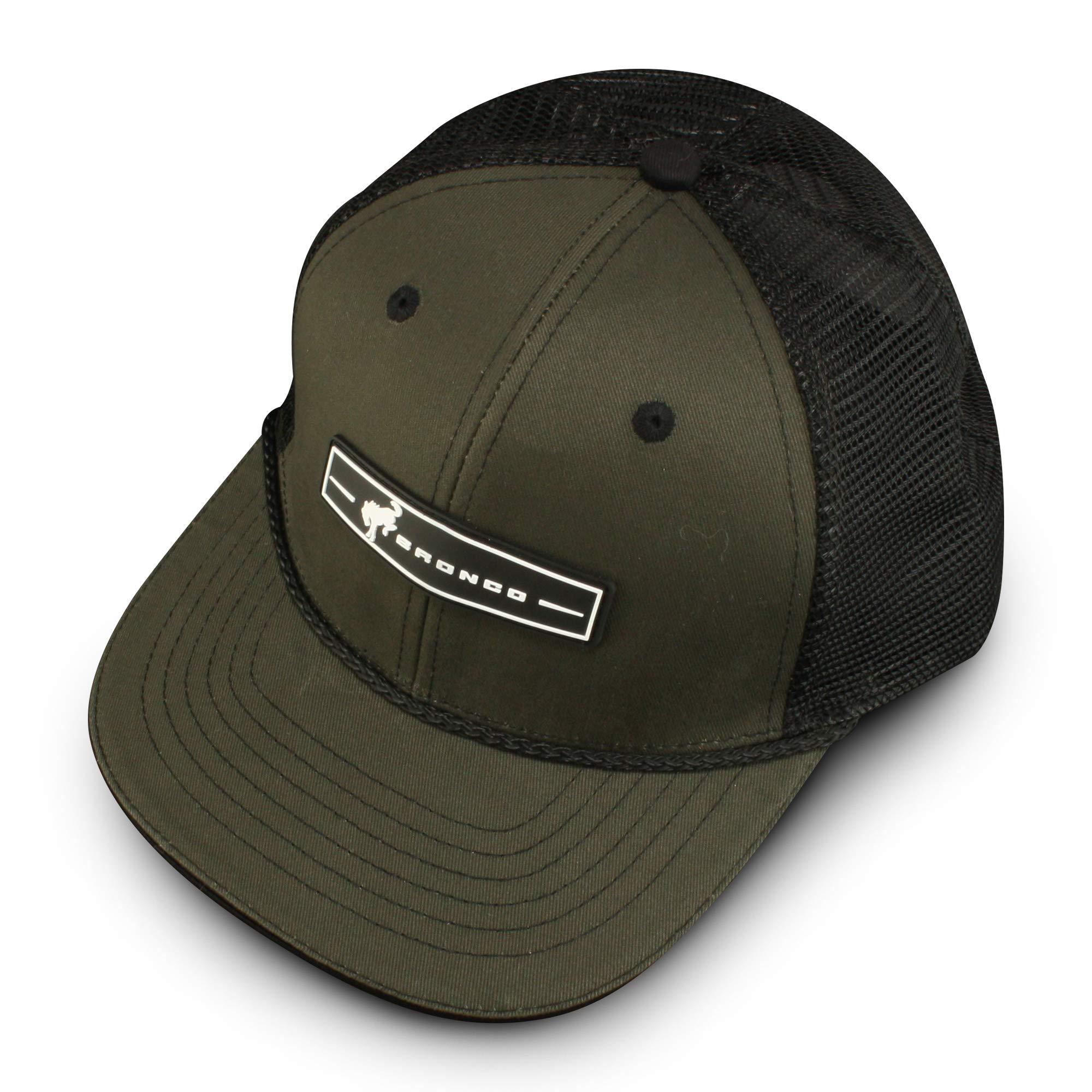 Ford Bronco Baseball Cap, Mesh Back Rubber Patch Trucker Hat, Dark Olive/Black