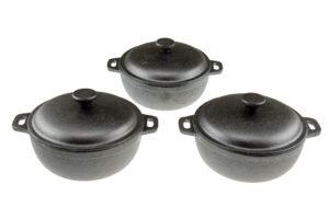 heavy duty pre seasoned mini cast iron dutch oven set of 3, oven safe cooker, black