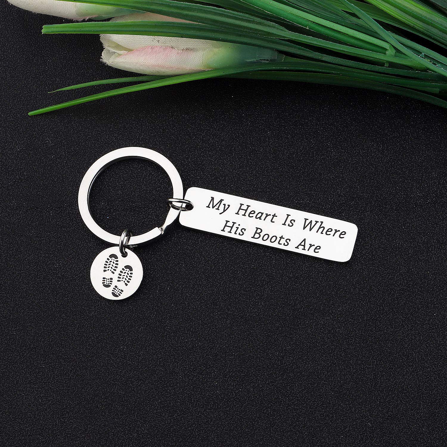 CYTING Military Gift My Heart Is Where His Boots Are Army Keychain Deployment Jewelry Gift For Soldier Military Wife/Mom (My Heart Is Where His Boots Are)