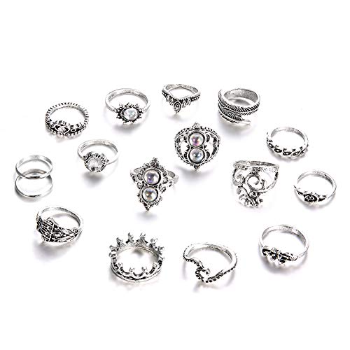 SEniutarm Engagement Love Rings Wedding Bands 16Pcs/Set Retro Boho Hamsa Hand Crown Finger Midi Knuckle Stacking Rings Jewelry for Women/Girl Finger Rings DIY Jewelry Gifts - Antique Silver