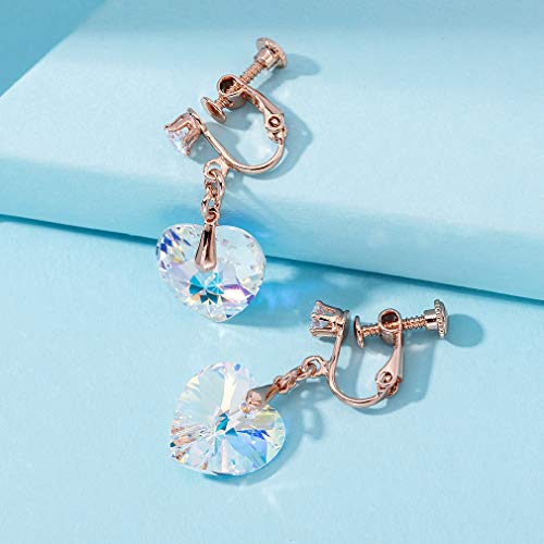 Austrian Crystal Heart Drop Clip On Dangle Earrings for Women Non Pierced 14K Rose Gold Plated Hypoallergenic Jewelry (Aurora Borealis)