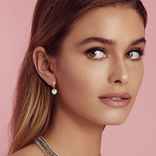 Austrian Crystal Heart Drop Clip On Dangle Earrings for Women Non Pierced 14K Rose Gold Plated Hypoallergenic Jewelry (Aurora Borealis)