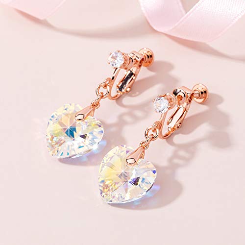 Austrian Crystal Heart Drop Clip On Dangle Earrings for Women Non Pierced 14K Rose Gold Plated Hypoallergenic Jewelry (Aurora Borealis)