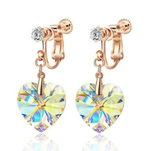 austrian crystal heart drop clip on dangle earrings for women non pierced 14k rose gold plated hypoallergenic jewelry (aurora borealis)