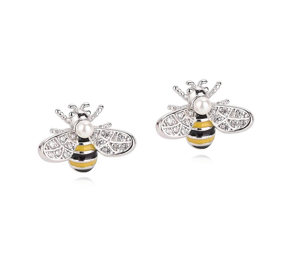 Reffeer 925 Sterling Silver Cute Bee Earrings Stud for Women Teens Girls Bee Studs Earrings Small Freshwater Pearl Earrings (A-Silver)