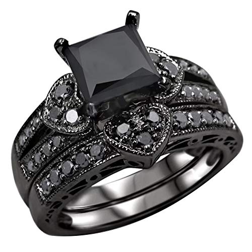 SEniutarm Engagement Love Rings Wedding Bands 2Pcs/Set Women Fashion Square Cubic Zircon Hearts Finger Rings Party Jewelry for Women/Girl Finger Rings DIY Jewelry Gifts - Black US 7