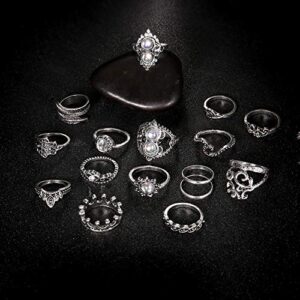 SEniutarm Engagement Love Rings Wedding Bands 16Pcs/Set Retro Boho Hamsa Hand Crown Finger Midi Knuckle Stacking Rings Jewelry for Women/Girl Finger Rings DIY Jewelry Gifts - Antique Silver