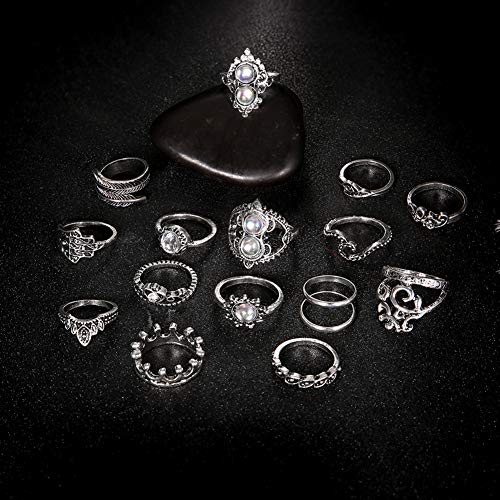 SEniutarm Engagement Love Rings Wedding Bands 16Pcs/Set Retro Boho Hamsa Hand Crown Finger Midi Knuckle Stacking Rings Jewelry for Women/Girl Finger Rings DIY Jewelry Gifts - Antique Silver