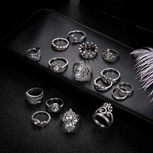 SEniutarm Engagement Love Rings Wedding Bands 16Pcs/Set Retro Boho Hamsa Hand Crown Finger Midi Knuckle Stacking Rings Jewelry for Women/Girl Finger Rings DIY Jewelry Gifts - Antique Silver