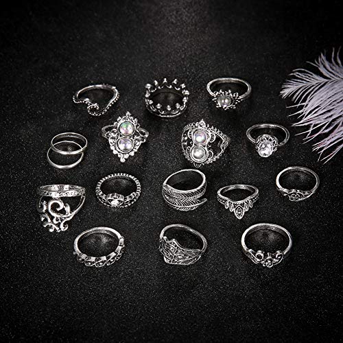 SEniutarm Engagement Love Rings Wedding Bands 16Pcs/Set Retro Boho Hamsa Hand Crown Finger Midi Knuckle Stacking Rings Jewelry for Women/Girl Finger Rings DIY Jewelry Gifts - Antique Silver