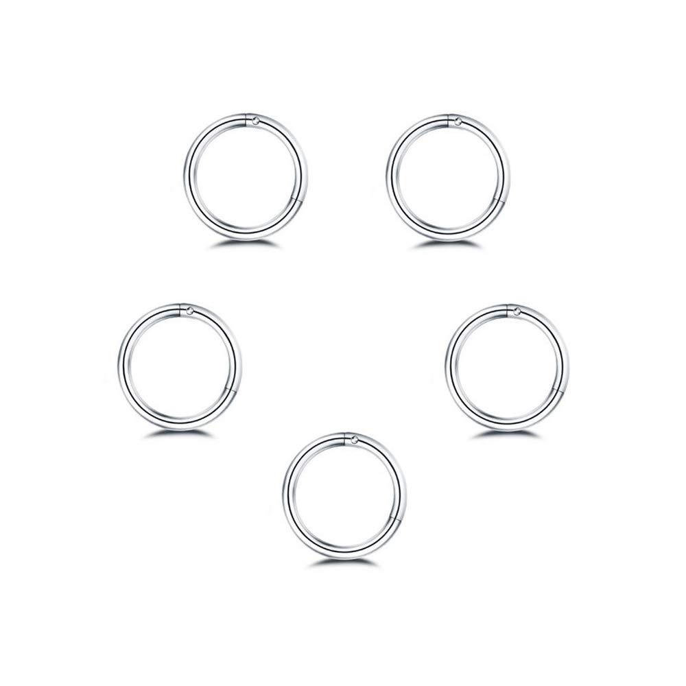 5Pcs 18g Stainless Steel Tiny Sleeper Hoop Earrings for Women Men Septum Hinged Clicker Daith Nose Ring Helix Cartilage Tragus Huggie Cuff Hoops Piercing Set 8mm 10mm (8mm in Silver)