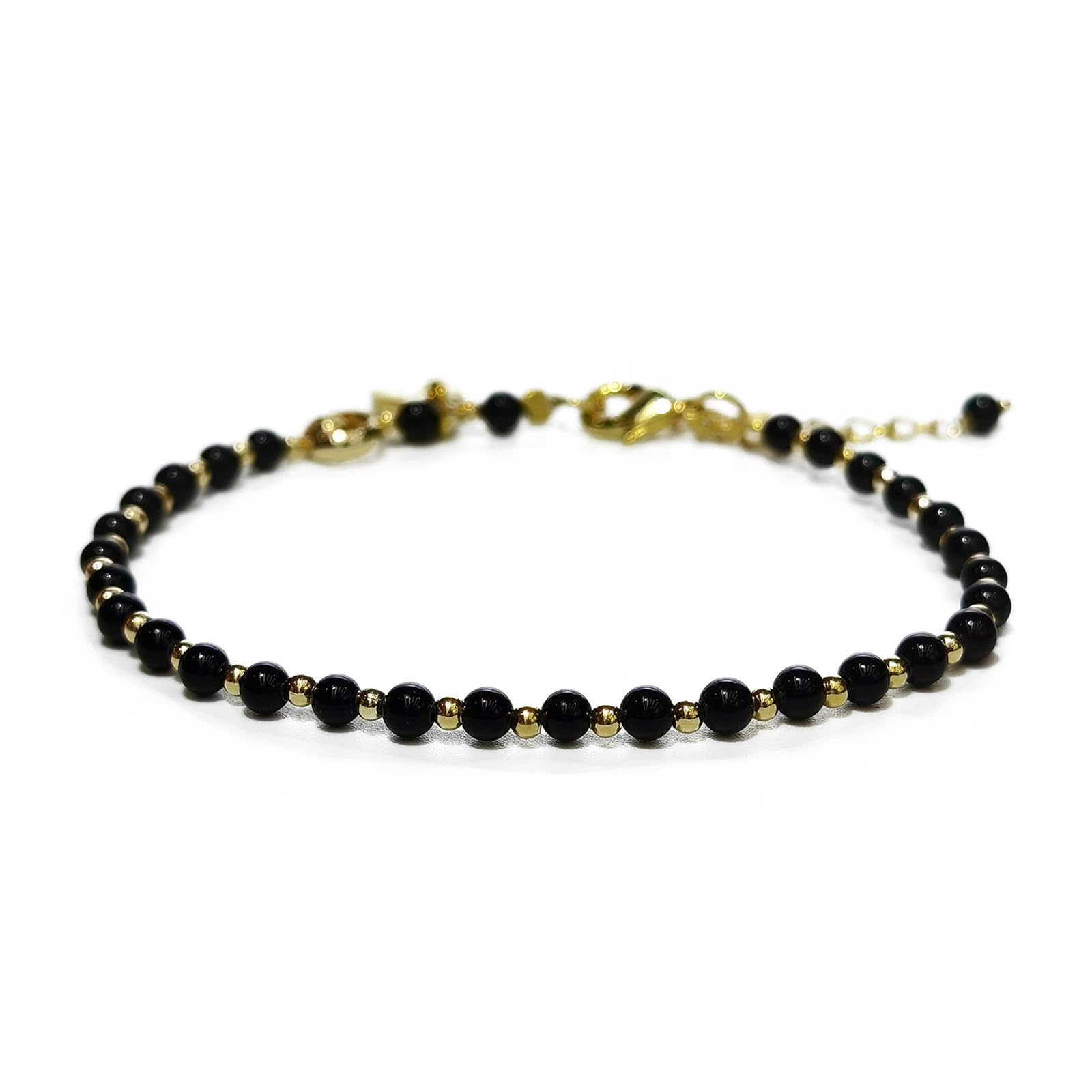 Morchic Black Onyx Agate Natural Gemstone Adjustable Bracelet for Women, 3mm Mini Beads Energy Gem Charm Jewelry, Birthday Gift 7.1"