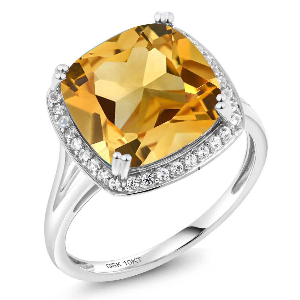 Gem Stone King 10K White Gold Yellow Citrine and White Created Sapphire Women's Ring (6.09 Ct Cushion 12MM, Gemstone Birthstone, Available In Size 5, 6, 7, 8, 9)