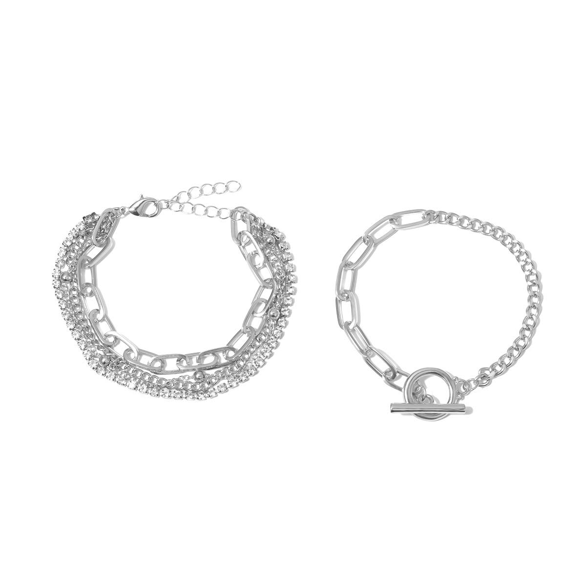 Layered Chunky Chain Lock Pendant Bracelets Statement Bohemian Adjustable Toggle Crystal Charm Wrist Bangles Link Jewelry for Women Gift-B silver