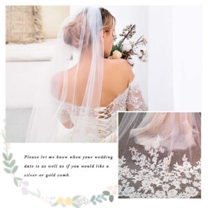 Salliy Aiosy Layer Wedding Veil Bridal Veil Embroidery Lace Edge Bride with Comb Cathedral Length Hair Accessories (Ivory)