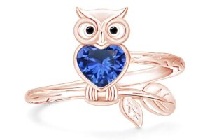 affy heart cut simulated blue sapphire & black cubic zirconia night owl heart promise ring for womens in 14k rose gold over sterling owl lover jewelry ring size-6