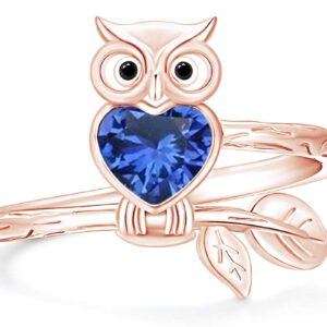 AFFY Heart Cut Simulated Blue Sapphire & Black Cubic Zirconia Night Owl Heart Promise Ring for Womens in 14k Rose Gold Over Sterling Owl Lover Jewelry Ring Size-6