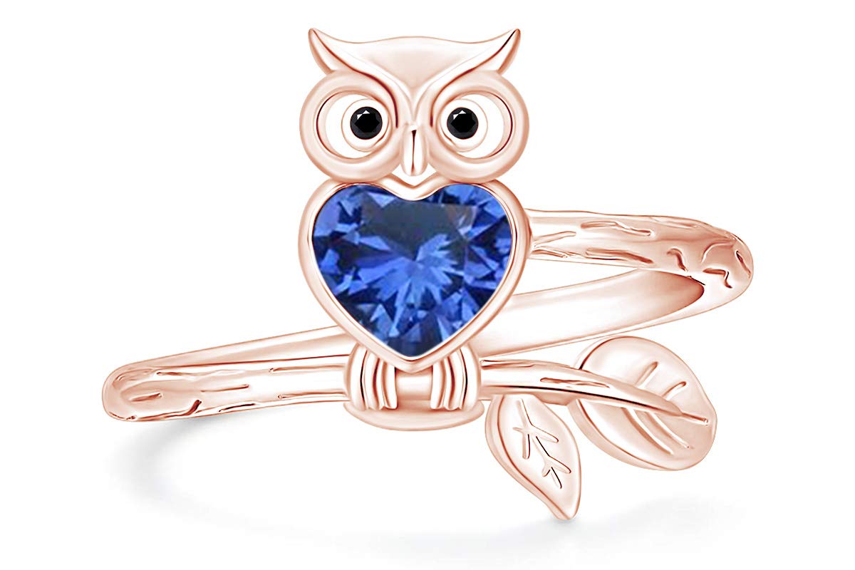 AFFY Heart Cut Simulated Blue Sapphire & Black Cubic Zirconia Night Owl Heart Promise Ring for Womens in 14k Rose Gold Over Sterling Owl Lover Jewelry Ring Size-6