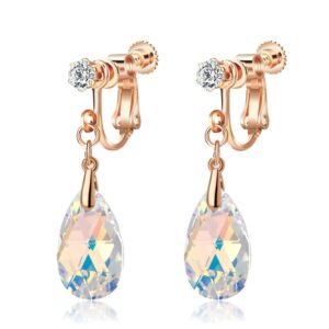 teardrop austrian crystal drop clip on dangle earrings for women non pierced 14k rose gold plated hypoallergenic jewelry (aurora borealis)