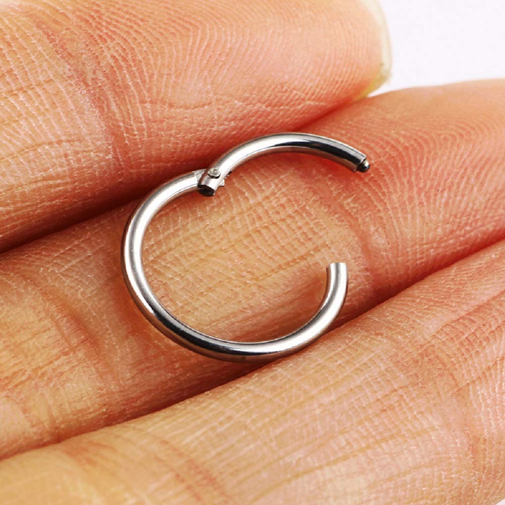 5Pcs 18g Stainless Steel Tiny Sleeper Hoop Earrings for Women Men Septum Hinged Clicker Daith Nose Ring Helix Cartilage Tragus Huggie Cuff Hoops Piercing Set 8mm 10mm (8mm in Silver)