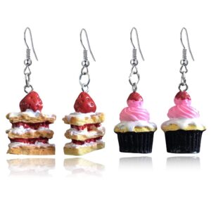 damleng 2 pairs unique handmade simulation strawberry layer cake dessert dangle drop earrings set for women girls teens funny creative ice cream food jewelry gifts (pink) 1