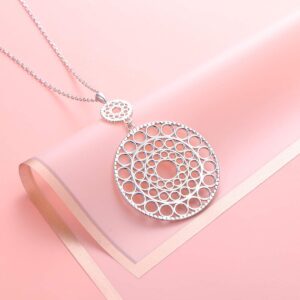 S925 Sterling Silver Long Chain Circle Necklace for Women Statement Pendant Fringe Sweater Necklaces Floral