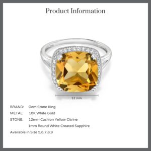 Gem Stone King 10K White Gold Yellow Citrine and White Created Sapphire Women's Ring (6.09 Ct Cushion 12MM, Gemstone Birthstone, Available In Size 5, 6, 7, 8, 9)