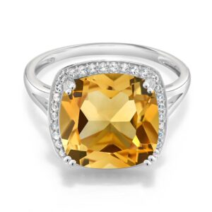 gem stone king 10k white gold yellow citrine and white created sapphire women's ring (6.09 ct cushion 12mm, gemstone birthstone, available in size 5, 6, 7, 8, 9)