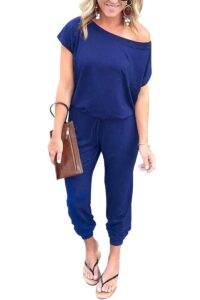 prettygarden women's loose solid off shoulder elastic waist stretchy long romper jumpsuit (blue,small)