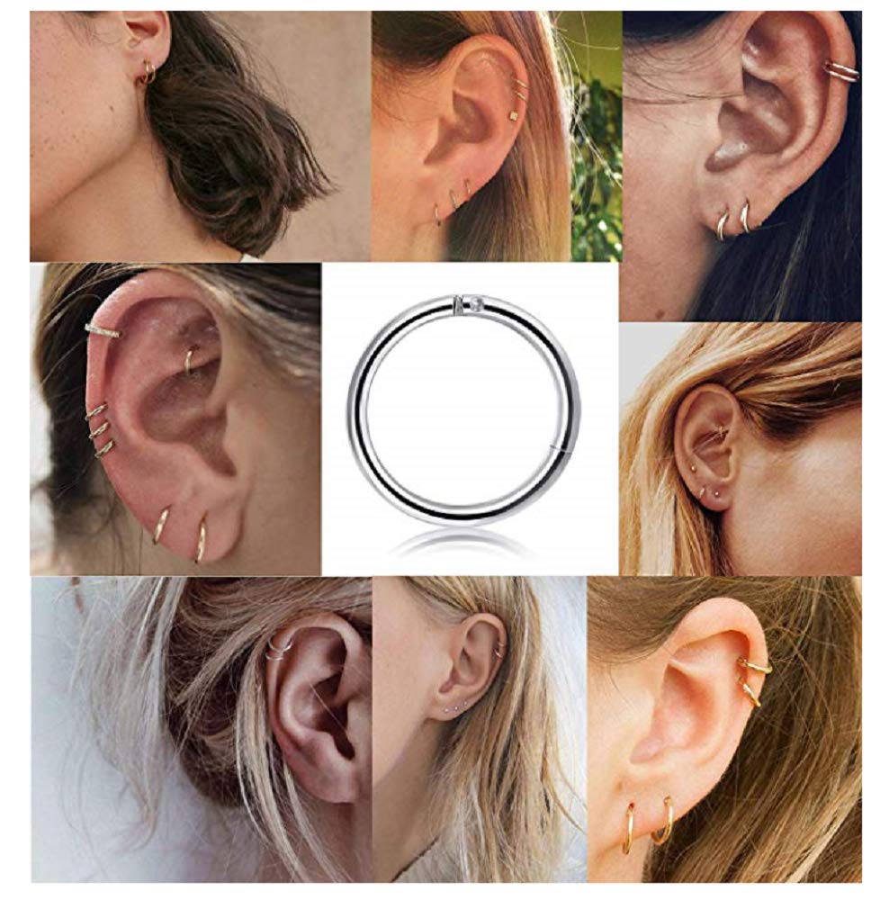 5Pcs 18g Stainless Steel Tiny Sleeper Hoop Earrings for Women Men Septum Hinged Clicker Daith Nose Ring Helix Cartilage Tragus Huggie Cuff Hoops Piercing Set 8mm 10mm (8mm in Silver)