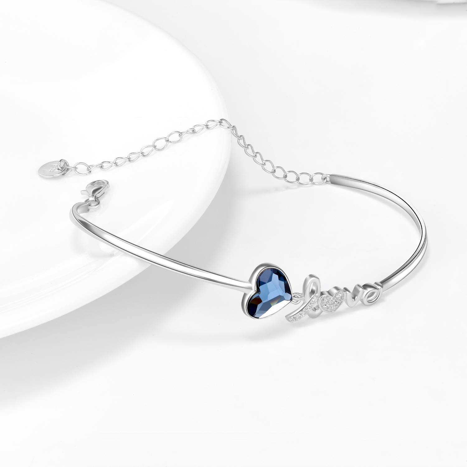 AOBOCO I Love You Jewelry Sterling Silver Love Heart Bangle Bracelet for Women, Blue Crystal from Austria, White Gold Plated, Anniversary Birthday Jewelry Gifts for Wife Girlfriend Daughter