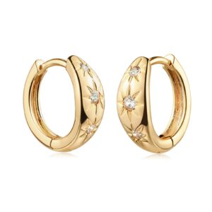 myears women starburst earrings gold huggie hoop triple stars diamond cubic zirconia 14k gold filled small simple handmade hypoallergenic everyday jewelry