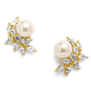 mariell soft ivory pearl & gold marquis cluster cubic zirconia crystal wedding earrings for bride, bridesmaids & mother of the bride