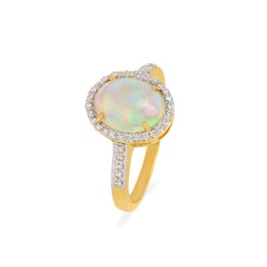 certified 14k yellow gold with 1.6 cts opal cabochan real gemstone and 0.23 carats natural diamonds (h-i color, vs2-si1 clarity) engagement wedding ring for women