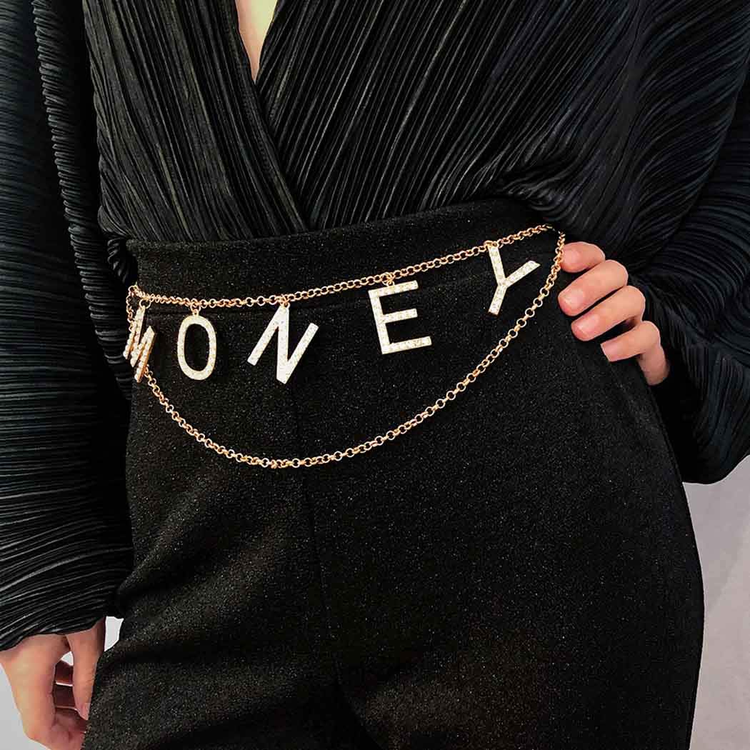 Masiter Rhinestone Waist Chain Belt Crystal Letter Money Belly Body Chain Party Body Jewelry Accessories for Women and Girls