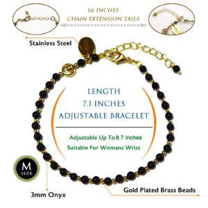 Morchic Black Onyx Agate Natural Gemstone Adjustable Bracelet for Women, 3mm Mini Beads Energy Gem Charm Jewelry, Birthday Gift 7.1"