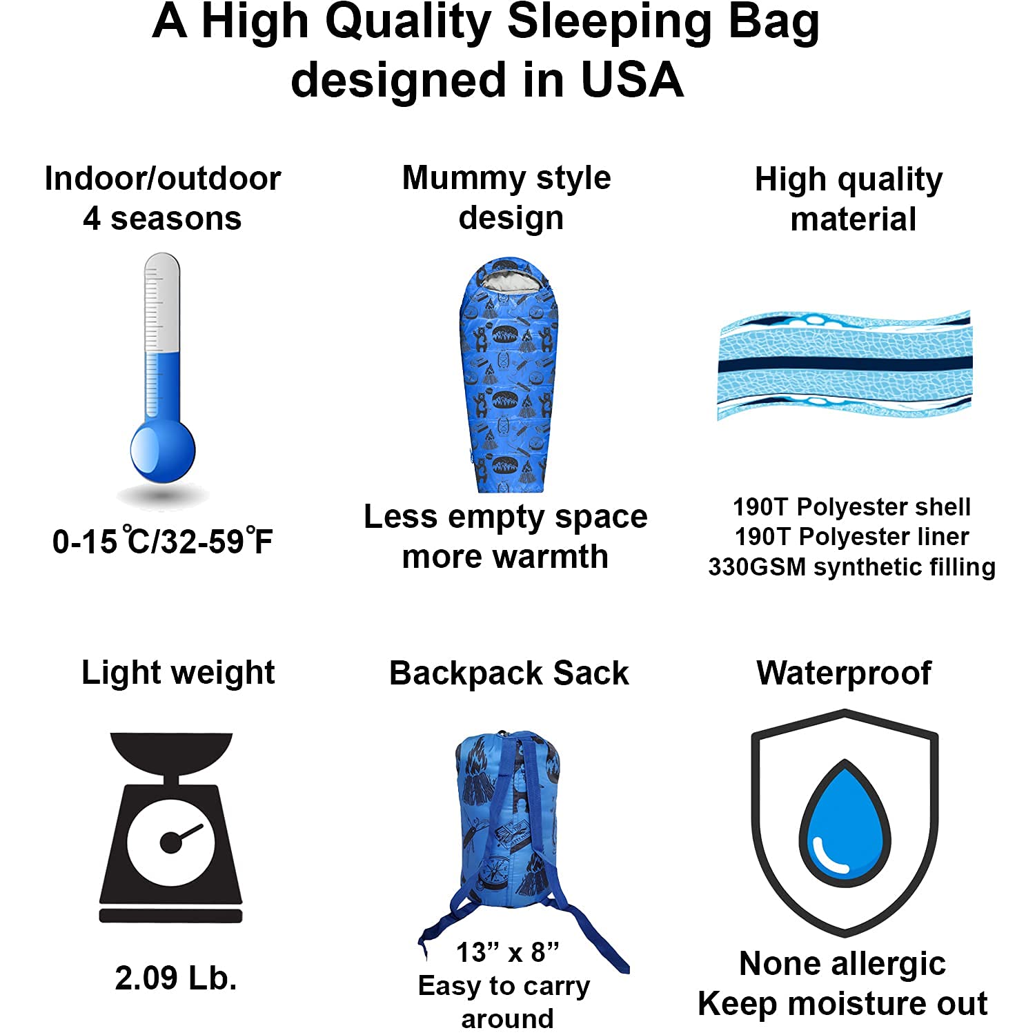 ANJ Outdoors 32F-59F Youth and Kids Sleeping Bag | Indoor/Outdoor Boys and Girls Sleeping Bag | Mummy Style, Lightweight Sleeping Bag for Kids