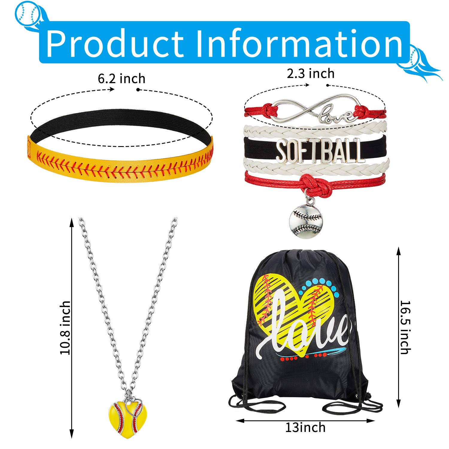 WILLBOND 4 Pieces Softball Girl Accessories Set, Softball Headband Softball Bracelet Softball Necklace Softball Drawstring Bag for Women Girls