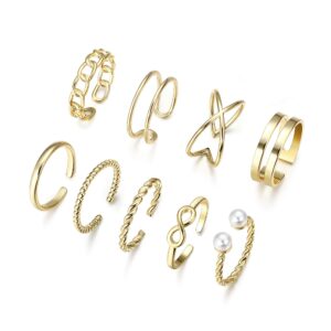 LOYALLOOK 9PCS Vintage Knuckle Stackable Rings Set for Women Bohemian Retro Gold/Silver Plated Midi Ring Hollow Pearl Comfort Fit Vsco Joint Finger Rings Adjustable (Gold Tone)