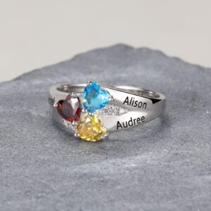 LanM Mothers Ring with 3 Birthstones Personalized Sterling Silver Rings for Women Custom Mom Rings with 3 Name Mothers Day Ring for Mom Grandmother Wife