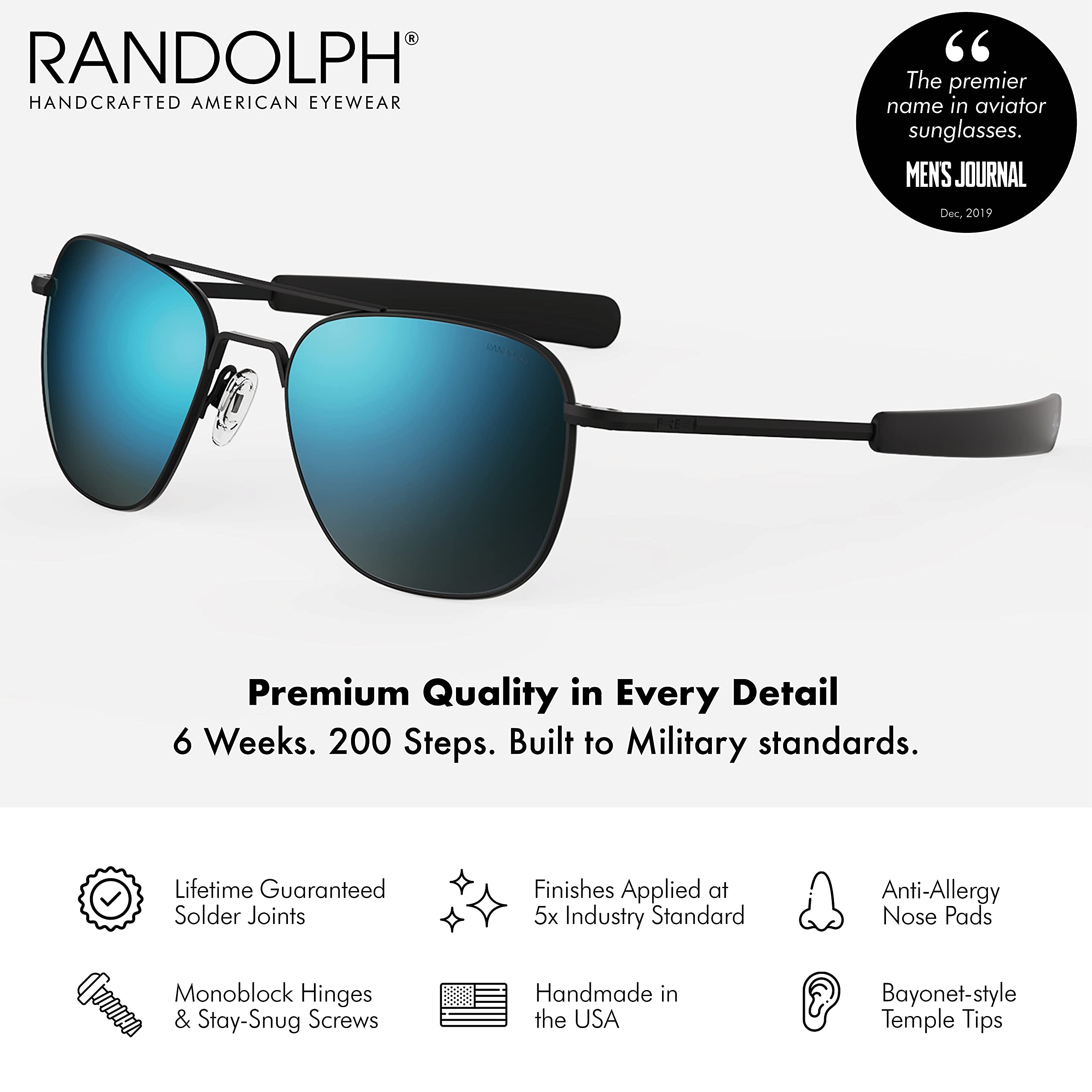 Randolph USA | Matte Black Classic Aviator Sunglasses for Men or Women Polarized 100% UV