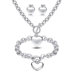 loyallook 3sets heart pendant necklace toggle chain heart bracelet heart stud earrings for women stainless steel charm love heart jewelry set for valentine's day