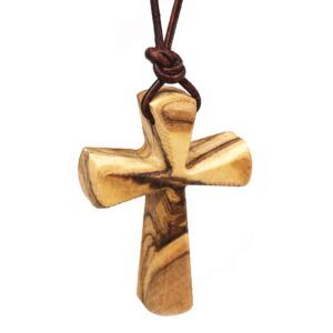 hand carved tapered wooden cross necklace for men & women on adjustable 32" brown leather cord - wood cross pendant for boys girls men & women