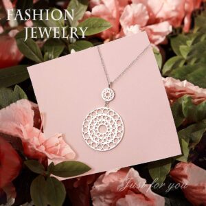 S925 Sterling Silver Long Chain Circle Necklace for Women Statement Pendant Fringe Sweater Necklaces Floral